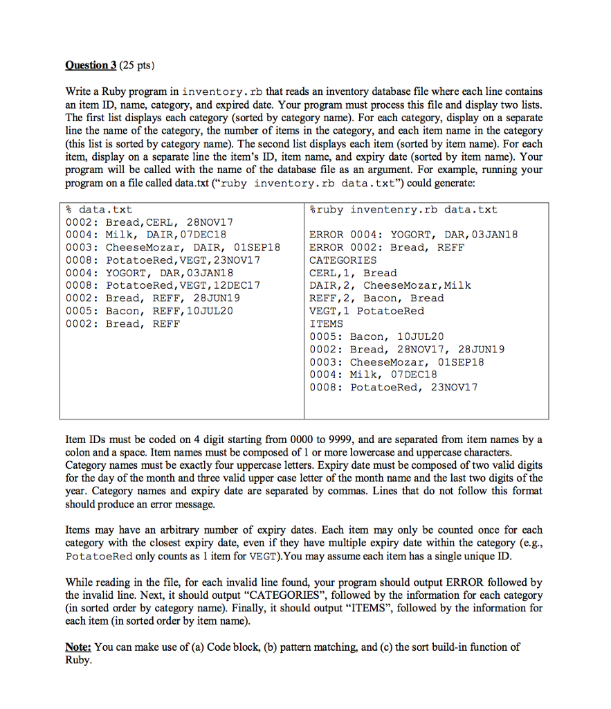 Write a Ruby program in inventory.rb that reads an | Chegg.com