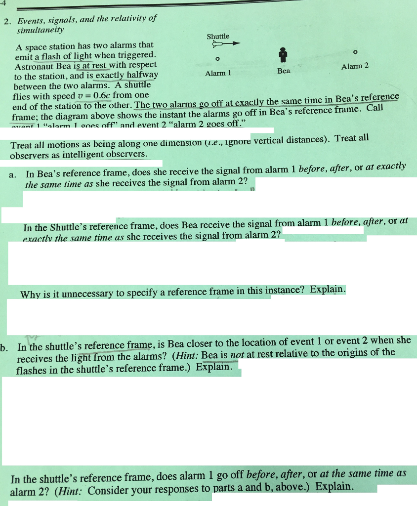 Events, signals, and the relativity of simultaneity | Chegg.com