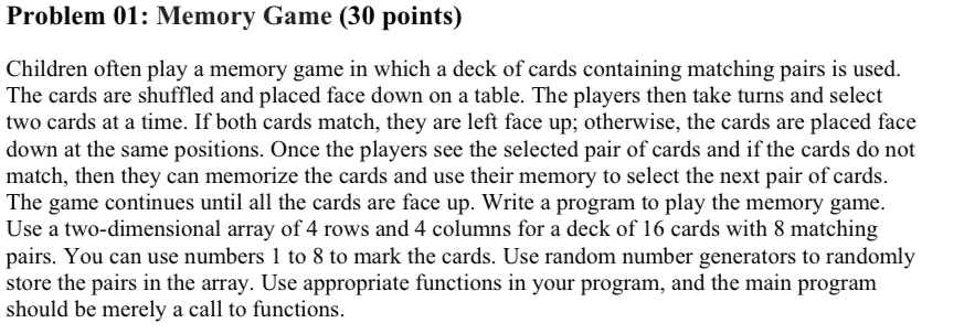 Solved Problem 01: Memory Game (30 points) Children often | Chegg.com