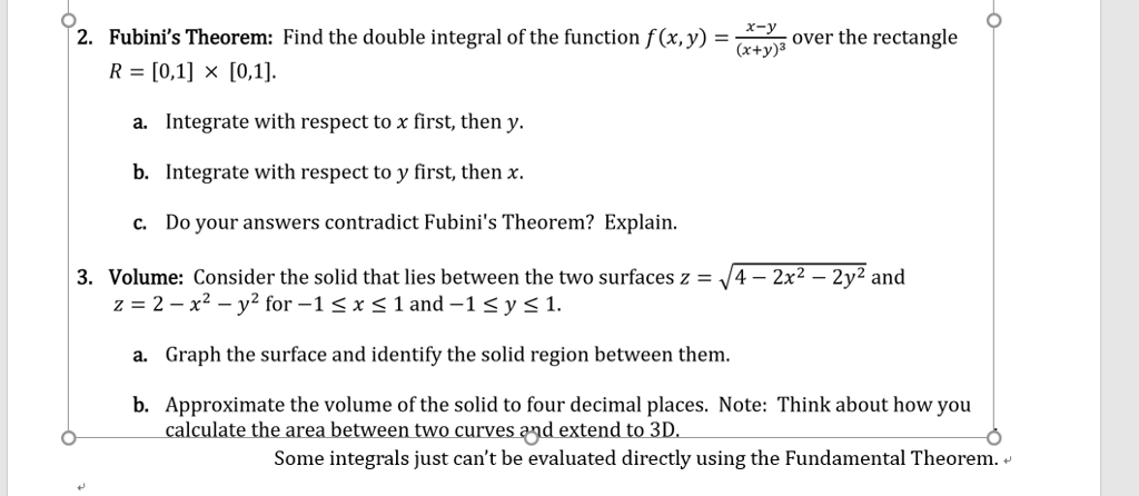 Solved x-y 2. Fubini's Theorem: Find the double integral of | Chegg.com