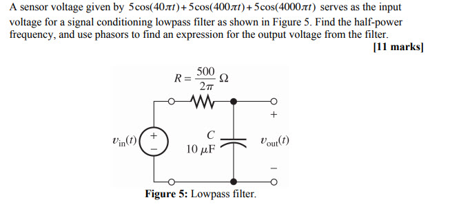 Solved A sensor voltage given by 5 cos(40π) + 5cos(400π) + | Chegg.com