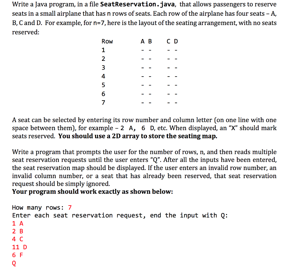Solved Write A Java Program In A File Seatreservationjava 9097