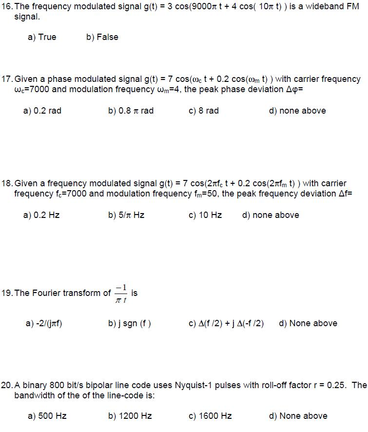 Solved 16. The frequency modulated signal g(t) = 3 | Chegg.com