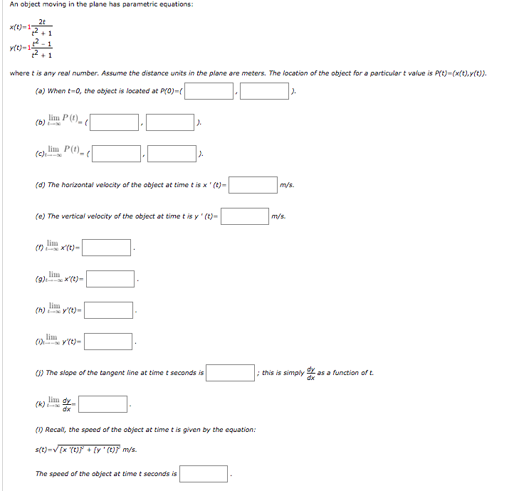 Solved An object moving in the plane has parametric | Chegg.com