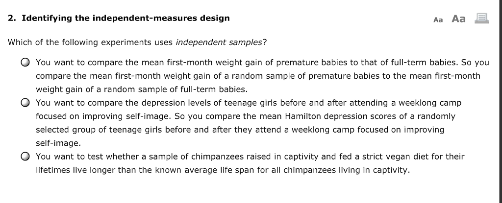 Solved 2. Identifying the independent-measures design Aa Aa | Chegg.com