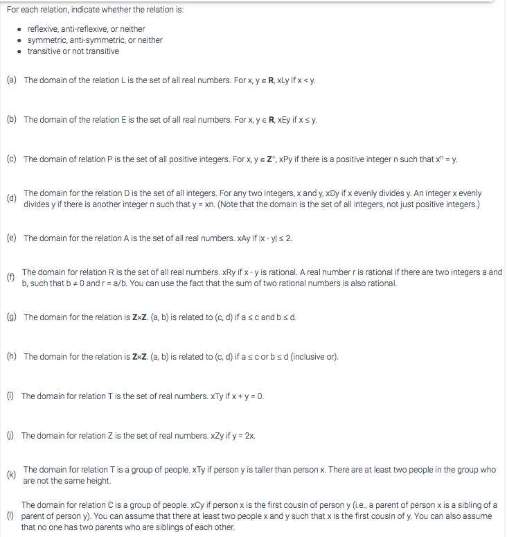 Solved For each relation, indicate whether the relation is: | Chegg.com