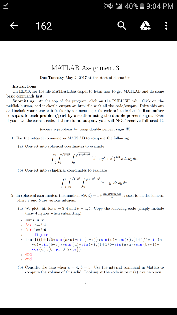 Solved 40% 9:04 PM 162 A+ MATLAB Assignment 3 Due Tuesday | Chegg.com