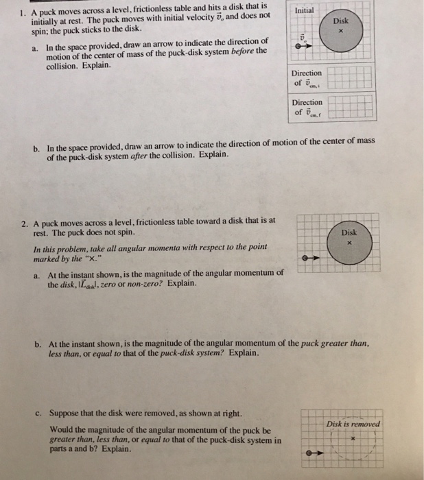 Solved 1. A puck moves across a level, frictionless table | Chegg.com