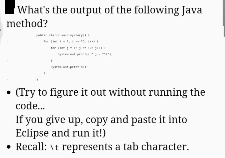 Solved What's the output of the following Java method? | Chegg.com