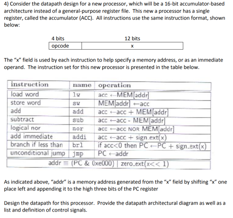 Solved 4 Consider The Datapath Design For A New Processor Chegg