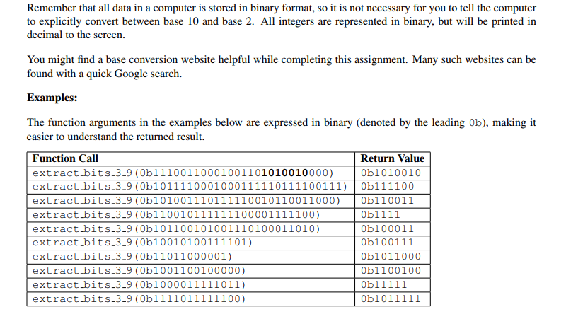 Solved Part I: Extracting Bits (10 points) Write a function | Chegg.com
