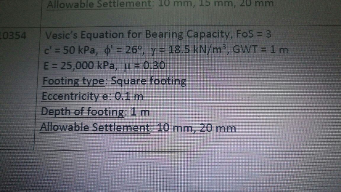 Solved Allowable Settlement: 10 mm, 15 mm, 20 mm | Vesic's | Chegg.com