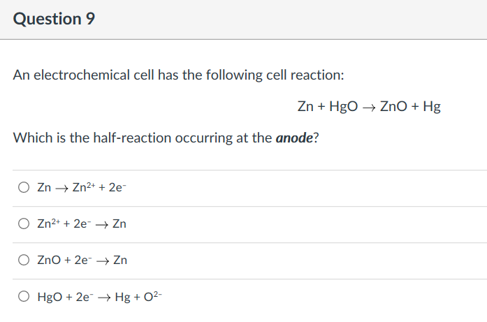 Solved Question9 An electrochemical cell has the following | Chegg.com