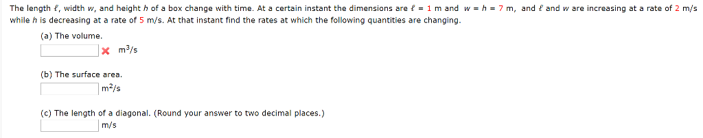 Solved The length l, width w, and height h of a box change | Chegg.com