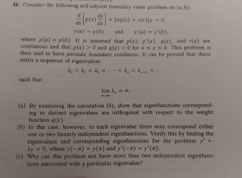 Solved 10. Consider the following self-adjoint boundary | Chegg.com