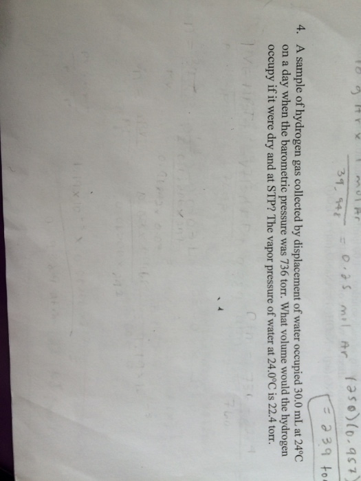 Solved A sample of hydrogen gas collected by displacement of | Chegg.com