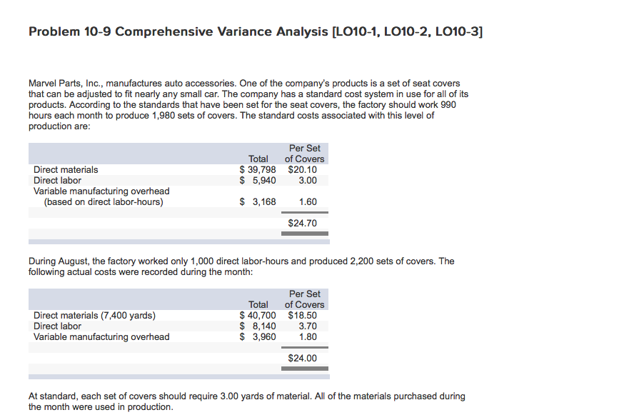 Solved Problem 10-9 Comprehensive Variance Analysis [LO10-1, | Chegg.com
