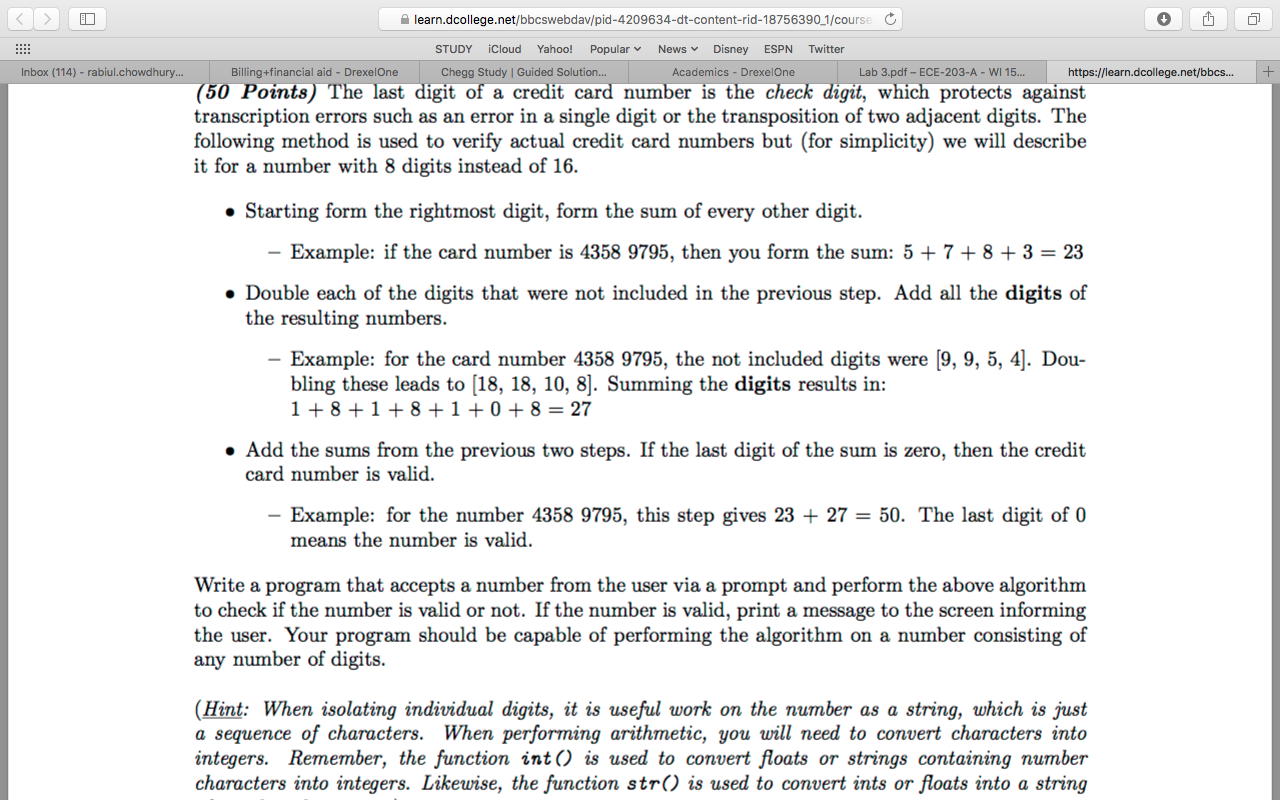 Solved The last digit of a credit card number is the check | Chegg.com