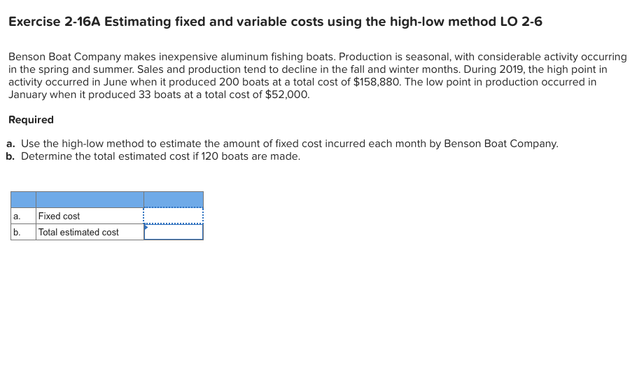 Solved Exercise 2-16A Estimating fixed and variable costs | Chegg.com