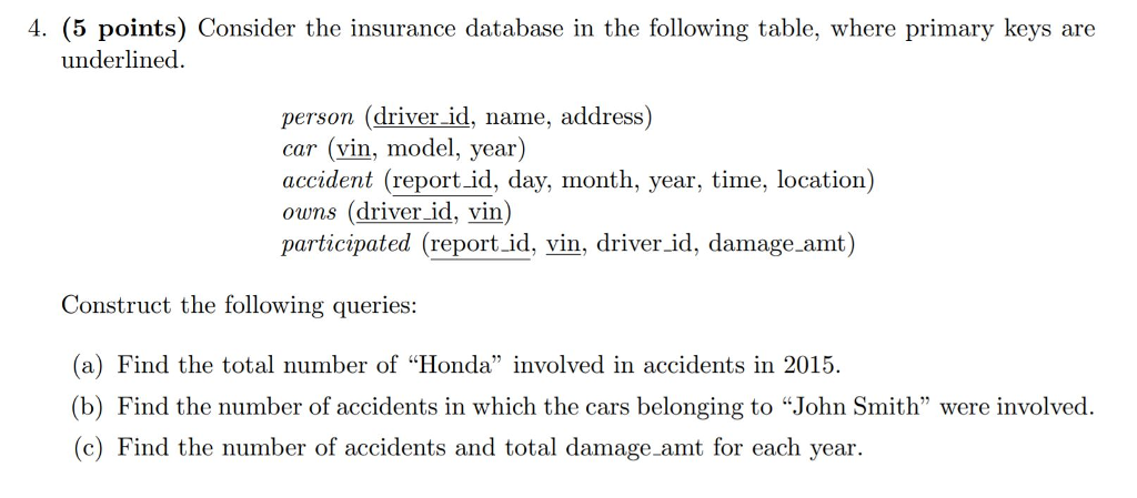 4. (5 points) Consider the insurance database in the | Chegg.com