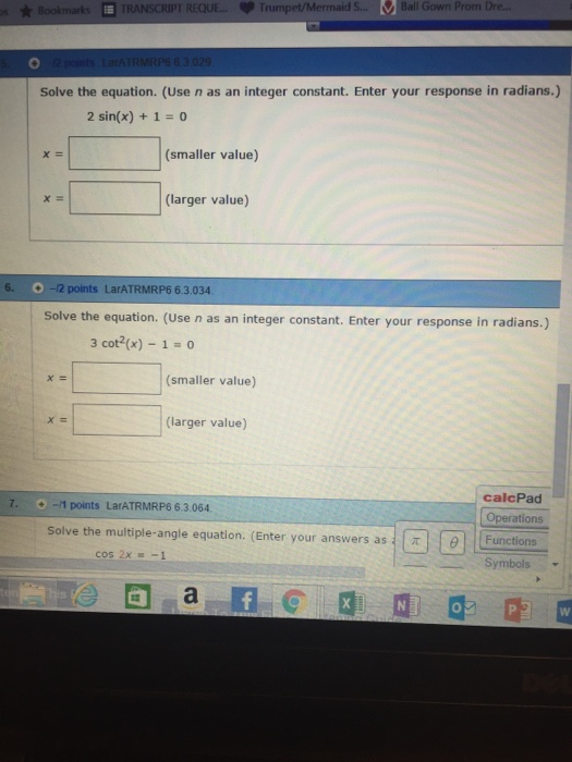 Solved Solve the equation. (Use n as an integer constant. | Chegg.com