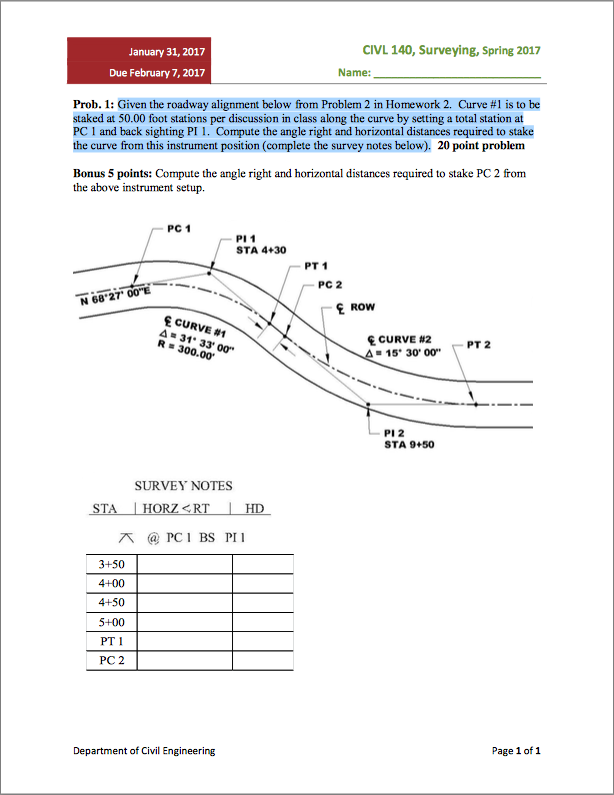 Given the roadway alignment below from Problem 2 in | Chegg.com
