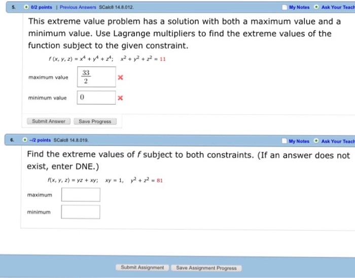 Solved This extreme value problem has a solution with both a | Chegg.com