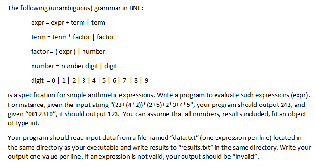 The following (unambiguous) grammar in BNF: is a | Chegg.com