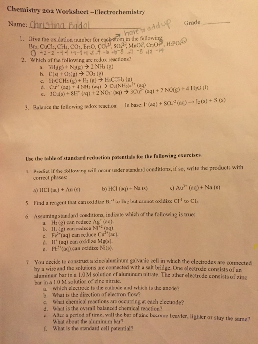 Solved Chemistry 202 worksheet-Electrochemistry Grade Name: | Chegg.com