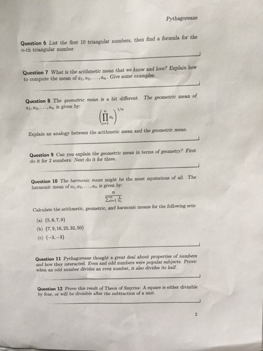 Solved Pythagoreans Question 6 List the first 10 triangular | Chegg.com