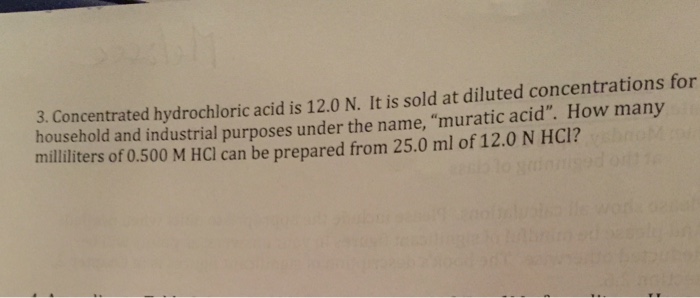 Solved Concentrated hydrochloric acid is 12.0 N. It is sold | Chegg.com