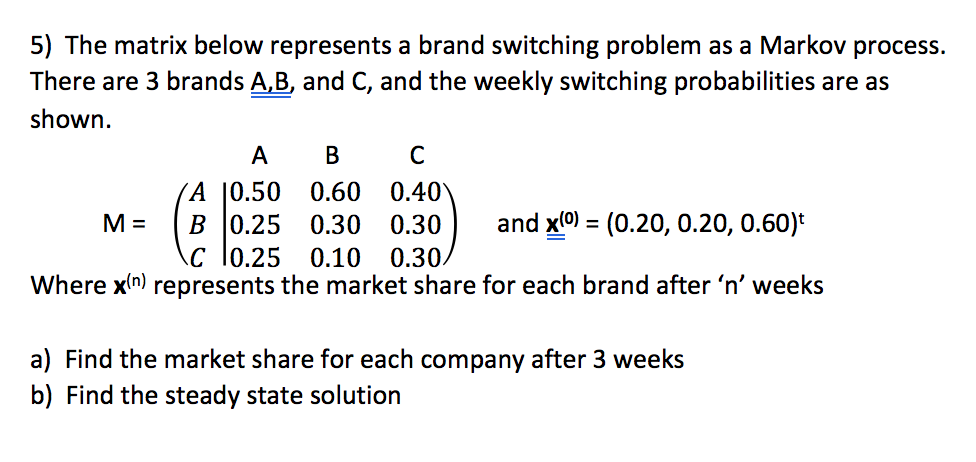 Solved The matrix below represents a brand switching problem | Chegg.com