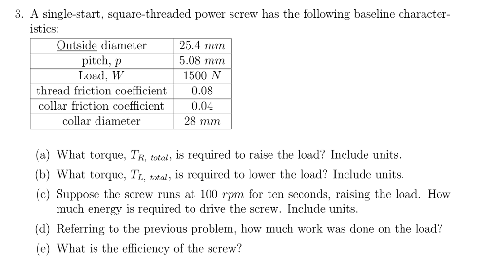 Solved 3. A single-start, square-threaded power screw has | Chegg.com