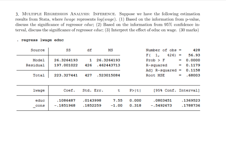 Solved 3. MULTIPLE REGRESSION ANALYsis: INFERENCE. Suppose | Chegg.com