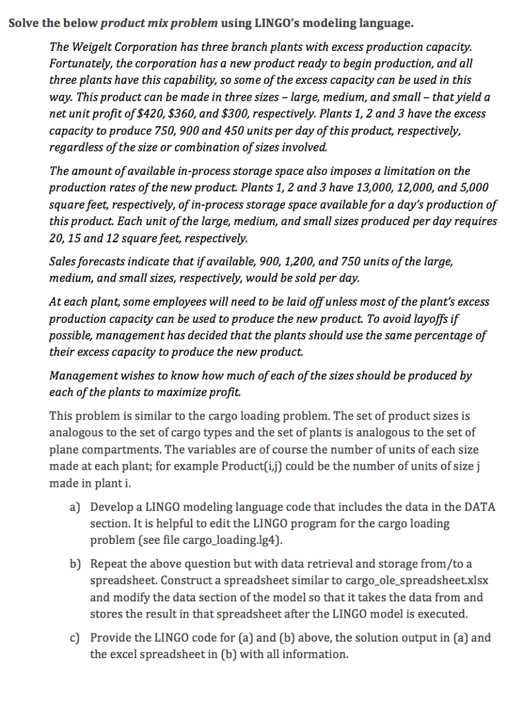 Solved Solve the below product mix problem using LINGO's | Chegg.com