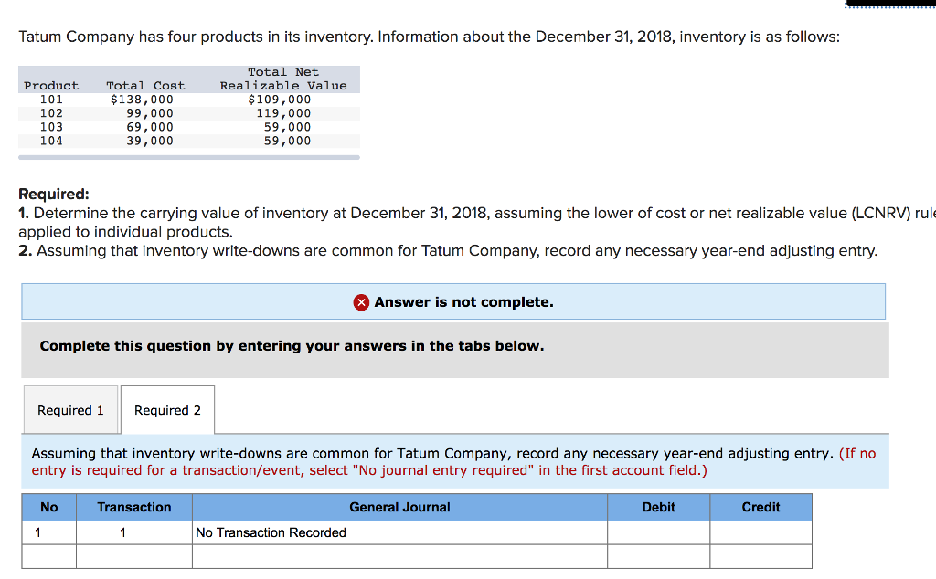 Solved Total Net Realizable Value $109,000 119,000 59,000 | Chegg.com