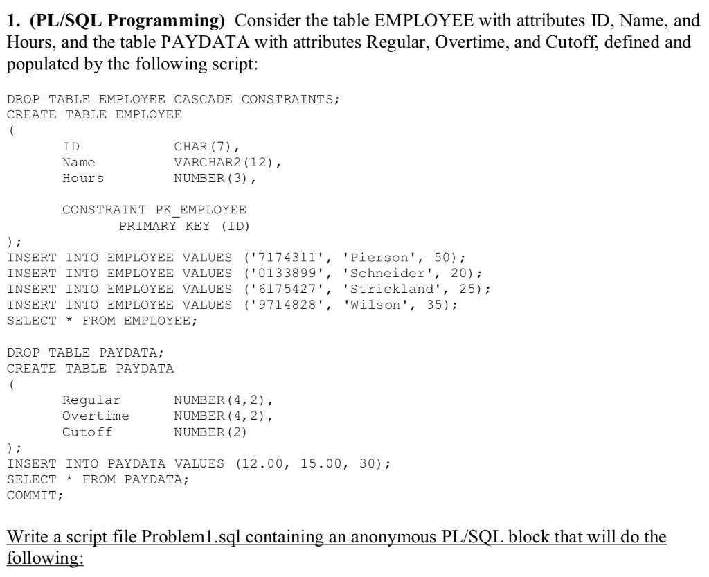 1· (PL/SQL Programming) Consider the table EMPLOYEE | Chegg.com