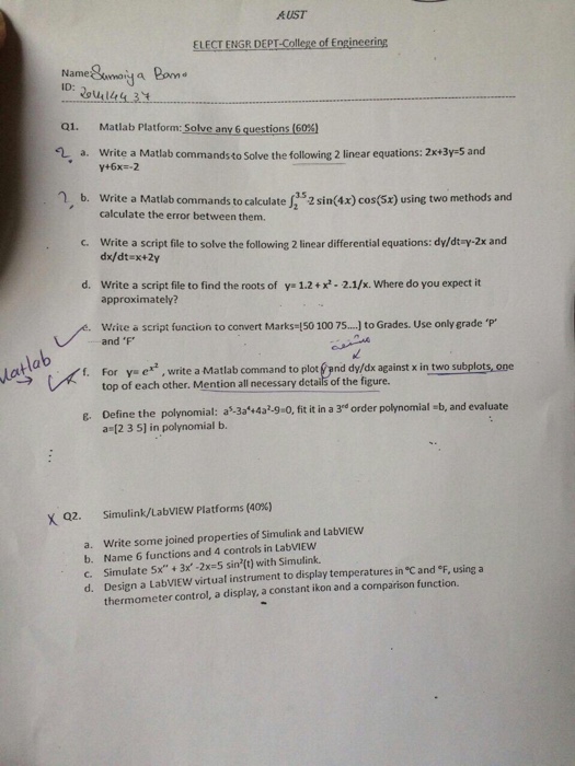Solved Write A Mat Lab Commands To Solve The Following 2 