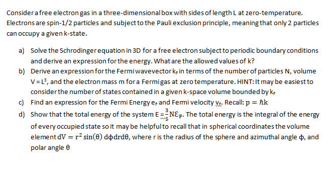 Solved Consider a free electron gas in a three-dimensional | Chegg.com