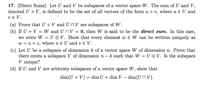 Solved Let U and V be subspaces of a vector space W. The sum | Chegg.com