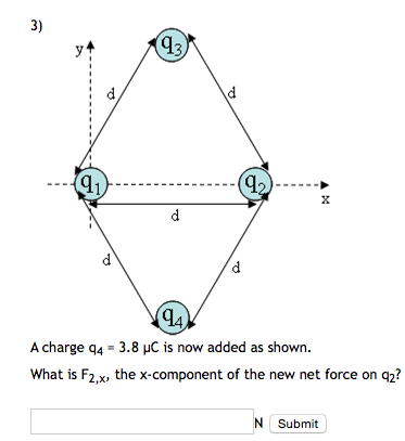 Solved 3) 93 q1 94 A charge q4-3.8 uC is now added as shown | Chegg.com