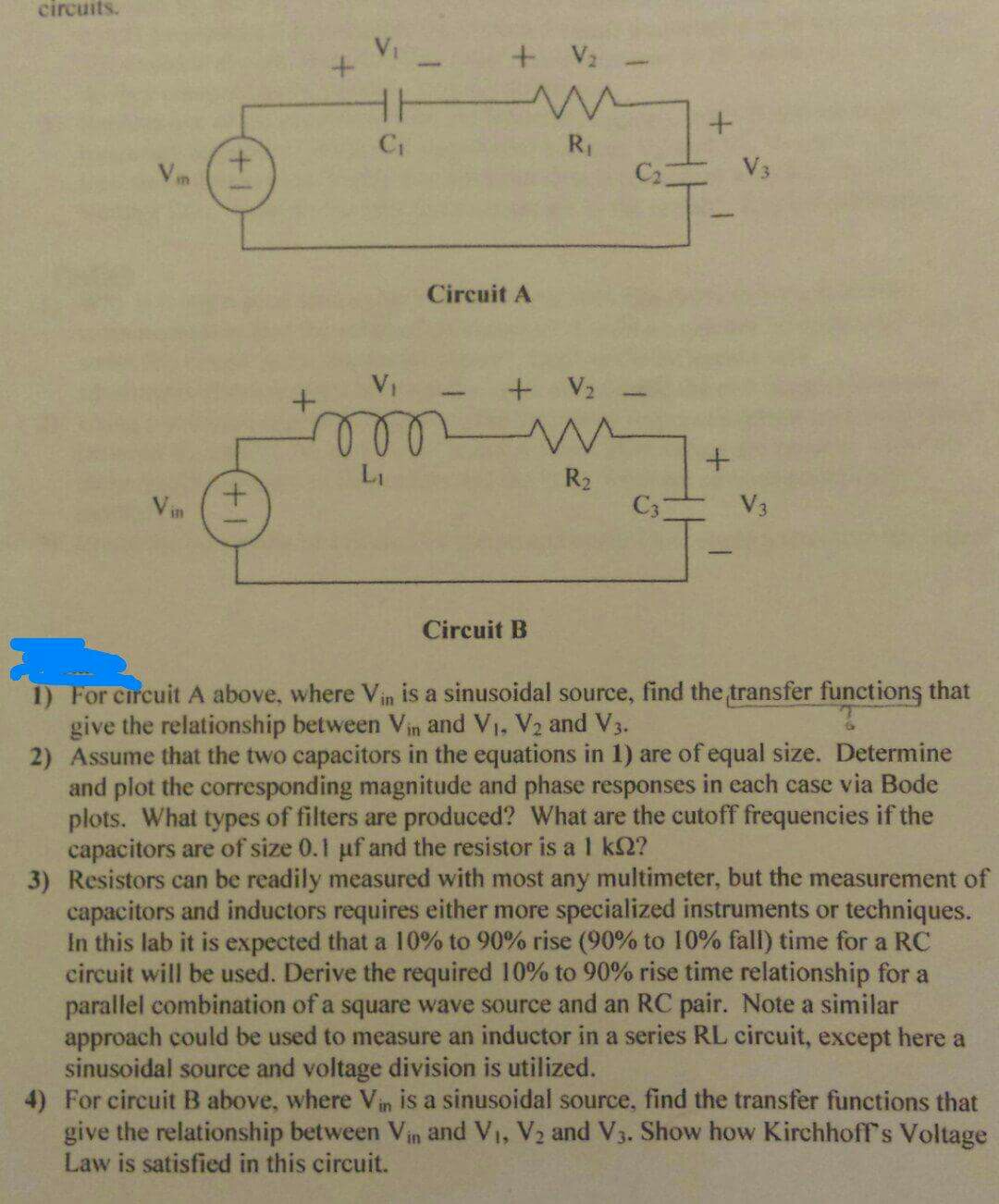 Solved circuits. R, Circuit A LI Vin Circuit B l) For | Chegg.com