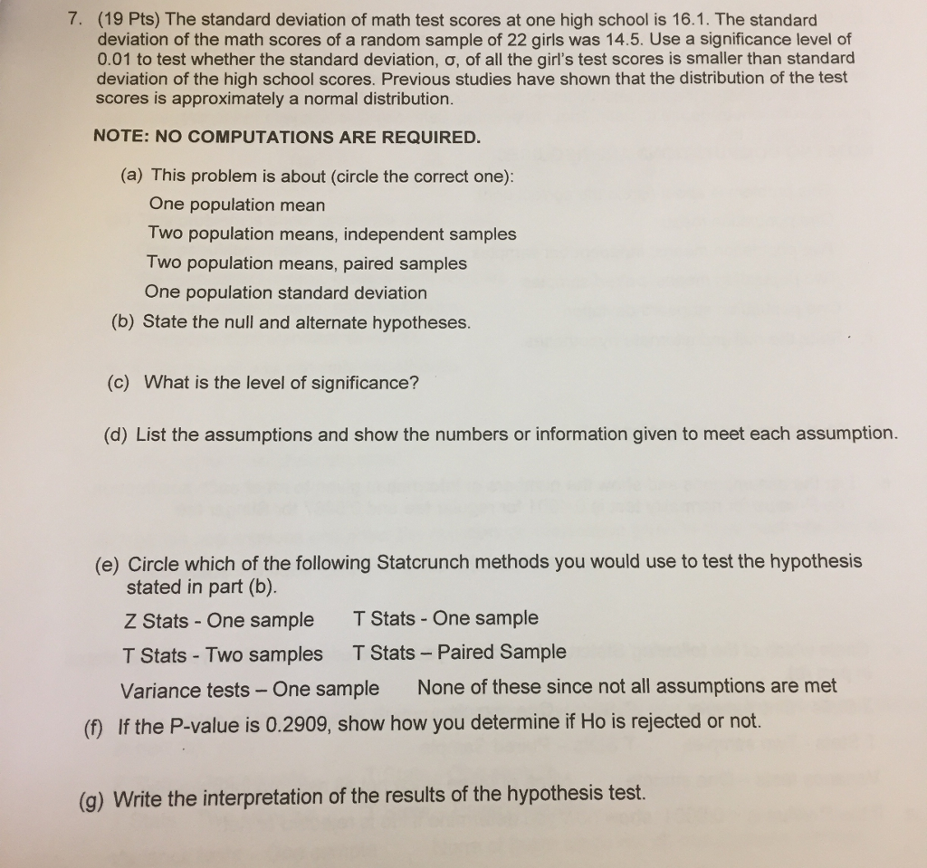 Solved 7. (19 Pts) The standard deviation of math test | Chegg.com