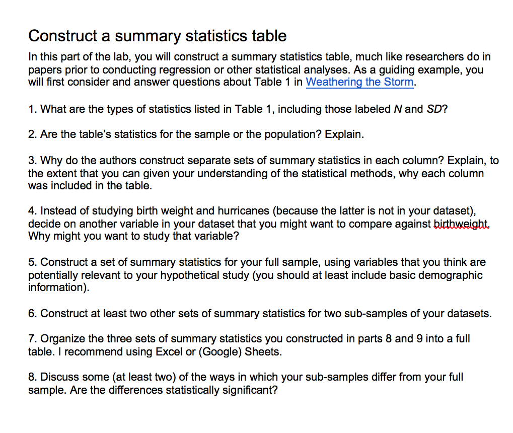 Construct a summary statistics table In this part of | Chegg.com