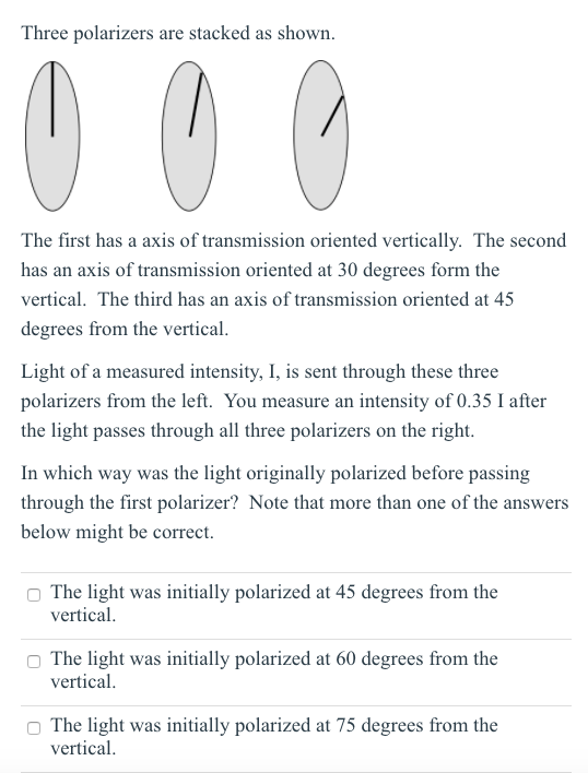 Solved Three polarizers are stacked as shown. The first has | Chegg.com