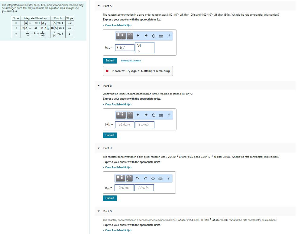 Solved The integrated rate laws for zero-,first-, and | Chegg.com