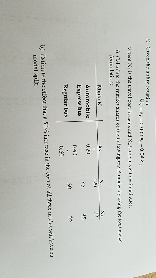 Solved 1) Given the utility equation Up-a,-0.003 X1-0.04 X2 | Chegg.com