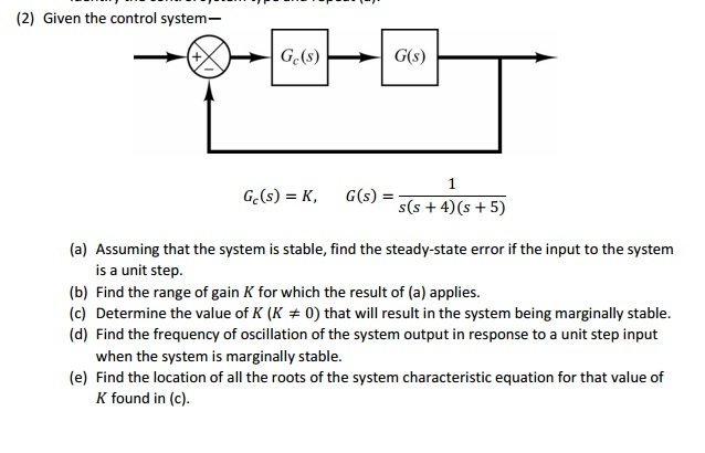 Solved (2) Given the control system- G(s) = K, G(s)= 1/s(s + | Chegg.com
