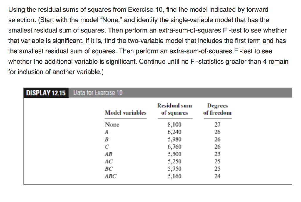 Solved Using the residual sums of squares from Exercise 10, | Chegg.com