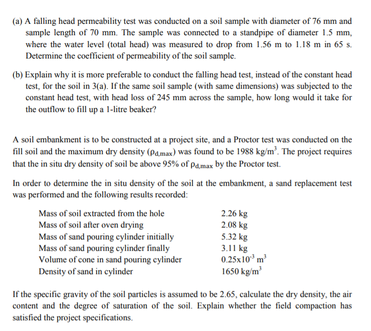 Solved (a) A falling head permeability test was conducted on | Chegg.com